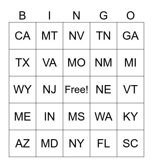ZIP CODE BINGO Card
