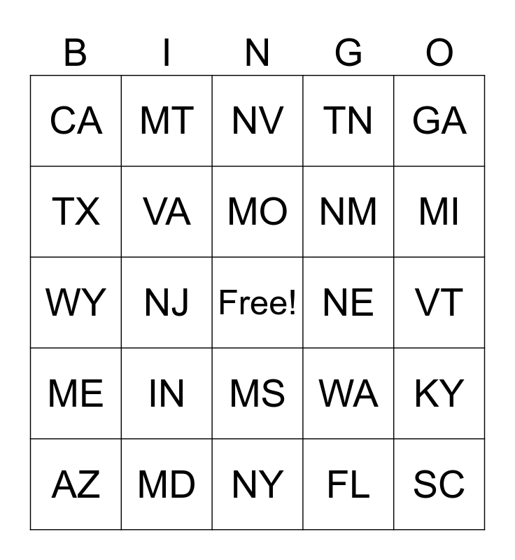 ZIP CODE BINGO Card