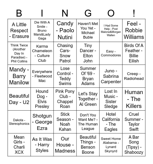 Musical Bingo Card