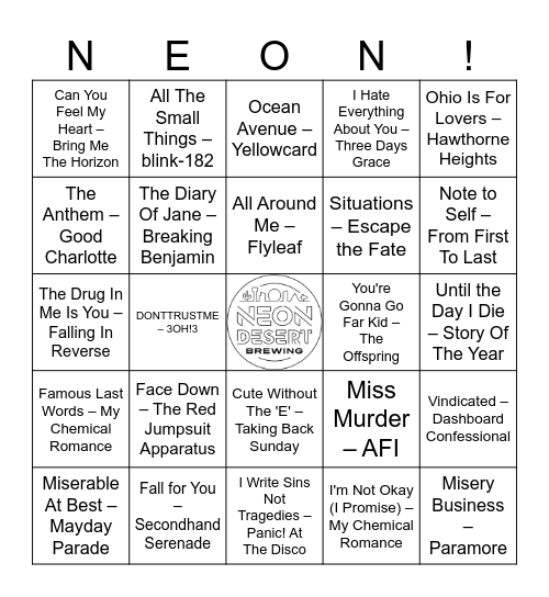 EMO NIGHT MUSIC BINGO Card