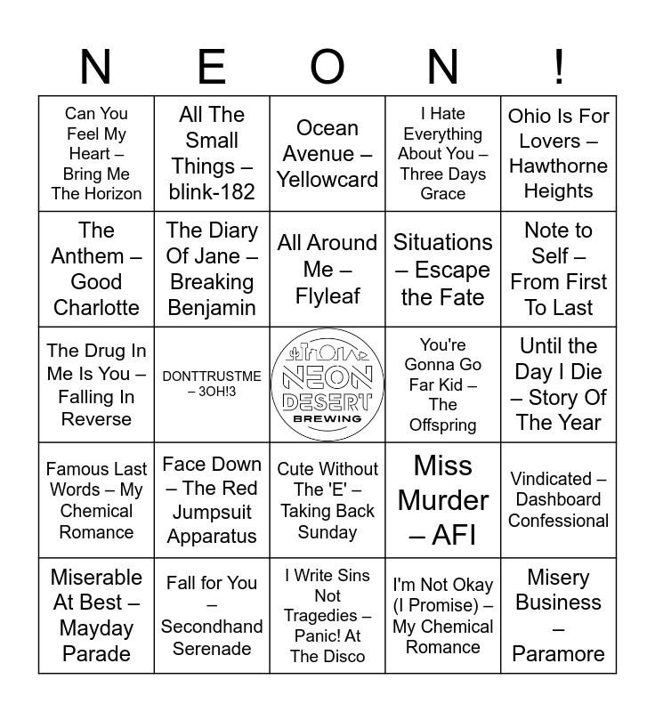 EMO NIGHT MUSIC BINGO Card