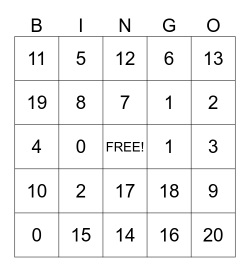 Numbers to 20 Bingo Card