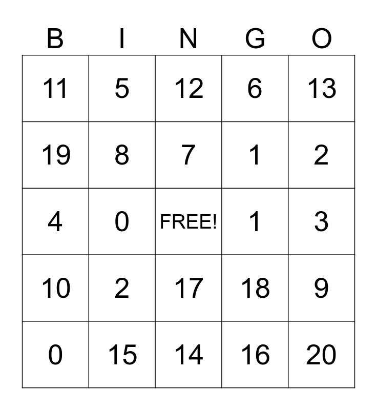Numbers to 20 Bingo Card