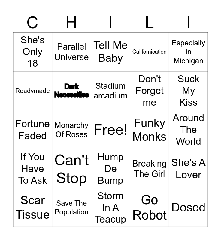 Red Hot Chili Peppers Bingo Card