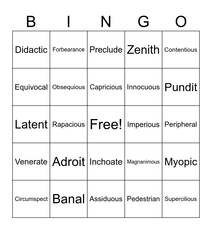 Vocab Bingo Card