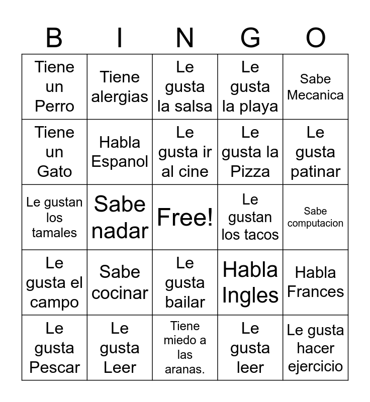 Gustos Y Actividades Bingo Card