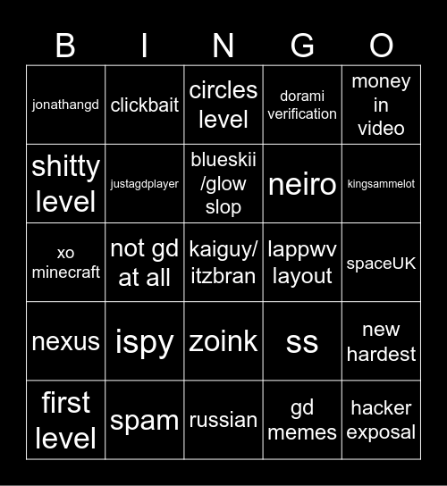gd youtube bingo Card