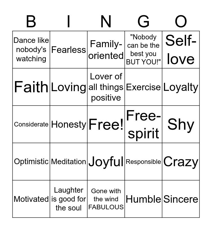 PERSONAL VALUES Bingo Card