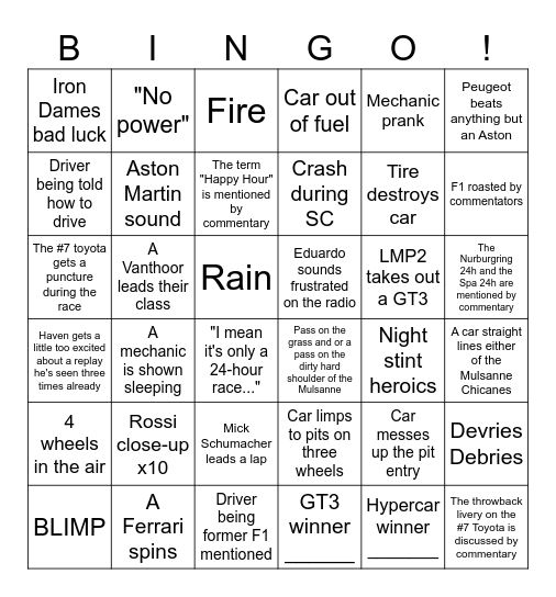 Le Mans Bingo Card