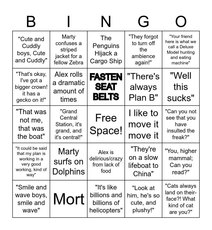 Madagascar Bingo Card