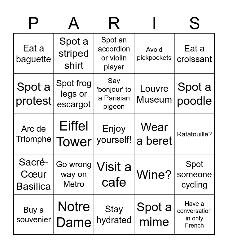 Paris Bingo Card