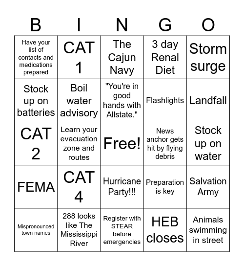 Hurricane Preparedness Party Bingo Card