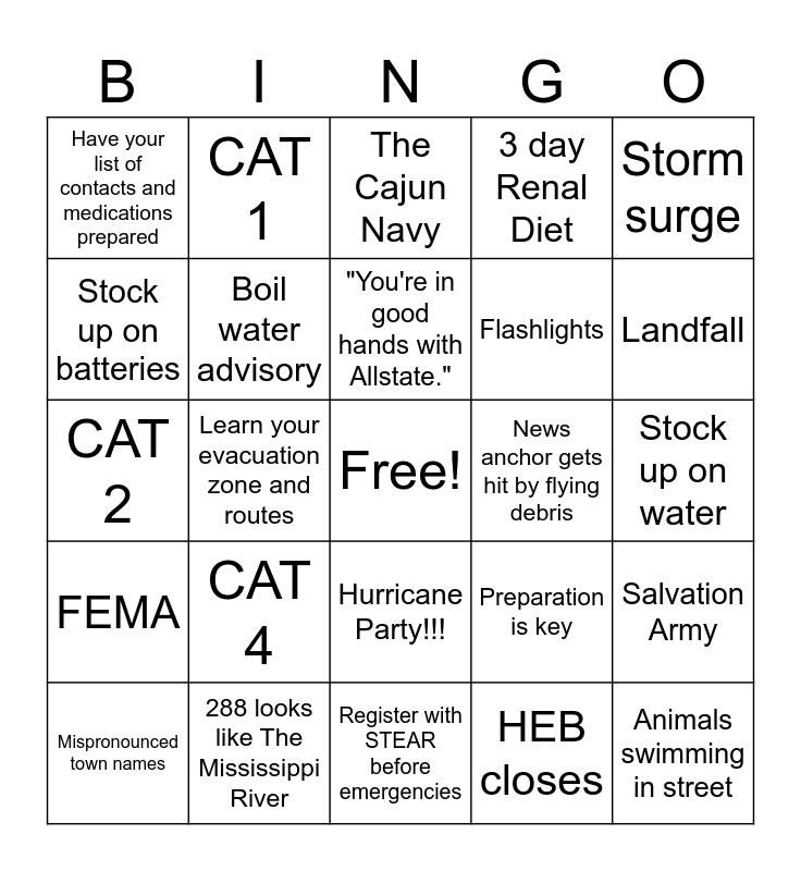 Hurricane Preparedness Party Bingo Card