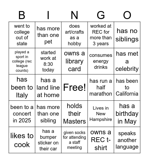 Staff Bingo Card