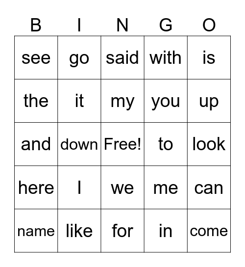 Sight Words Bingo Card