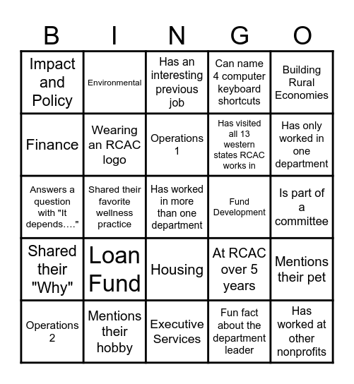 Department Speed Dating Bingo Card