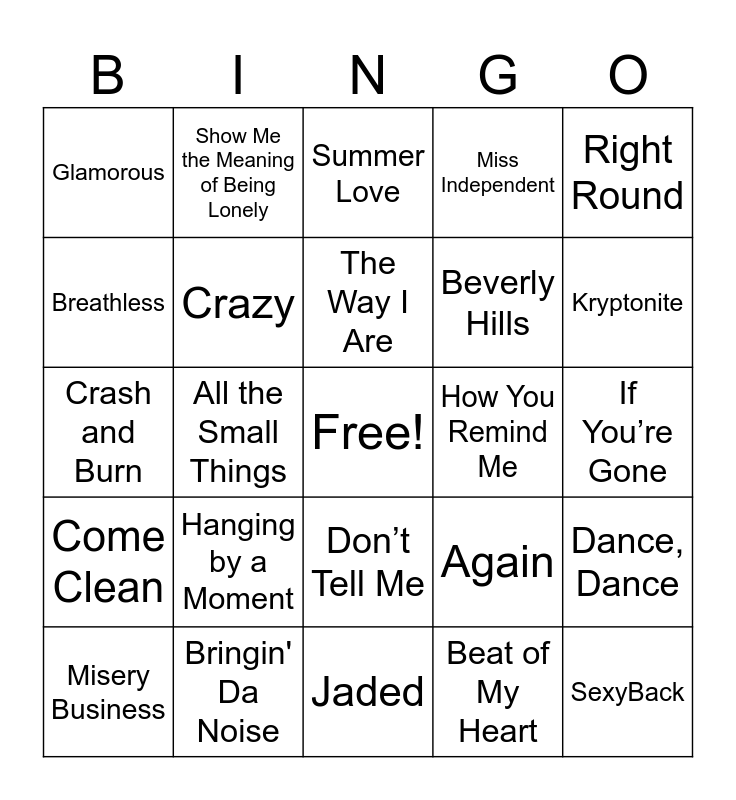 2000s Music Bingo Round 4. Bingo Card
