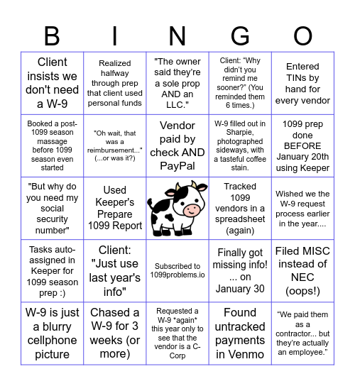 1099 Season Cow-a-Bingo Card