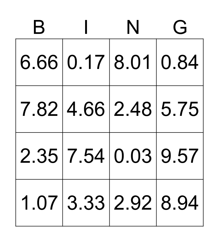 Decimal Bingo Card
