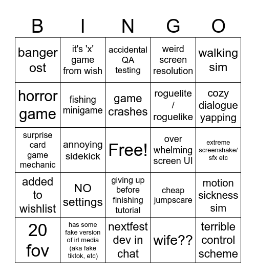 NextFest Demo bingo!! Bingo Card