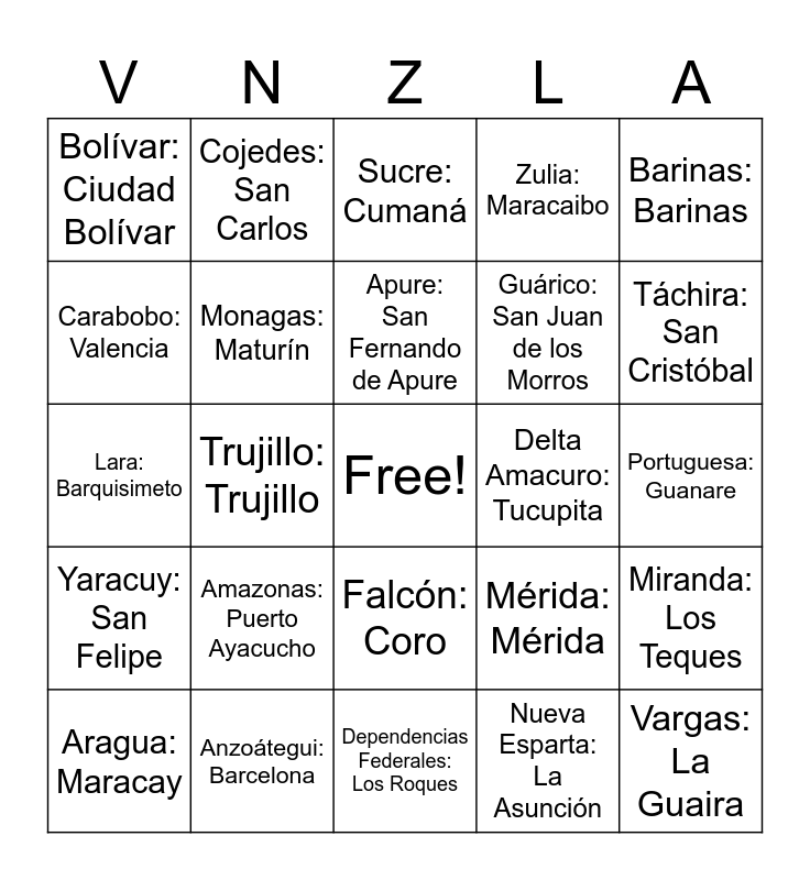 Venezuela Bingo Card