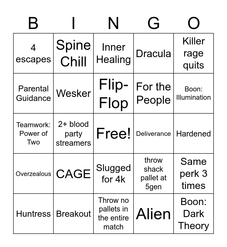 Chaos DBD Bingo Card