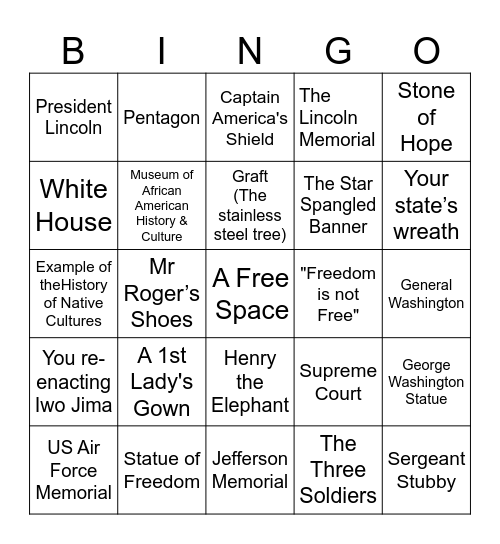 Washington DC Selfie Bingo Card