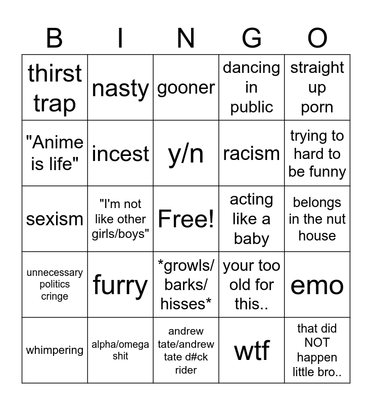 cringe bingo Card