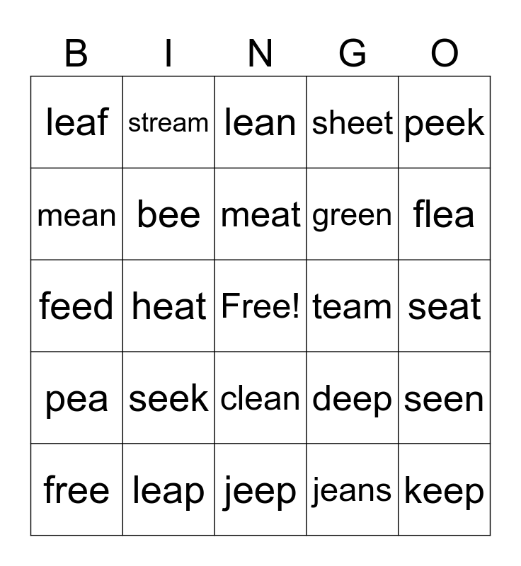 Long Vowel Teams Bingo Card