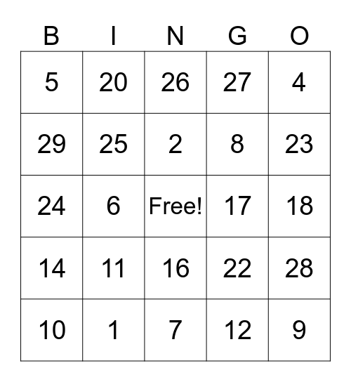 Numbers 1-30 Bingo Card