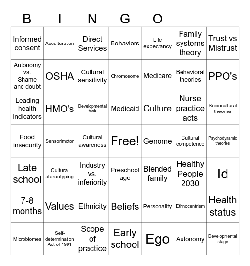 Lifespan Development Midterm Review Bingo Card
