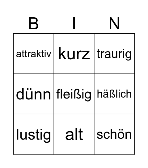 German 1 Unit 2 - Adjectives Bingo Card