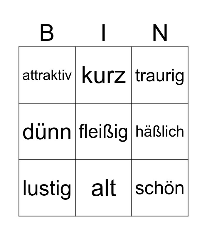 German 1 Unit 2 - Adjectives Bingo Card