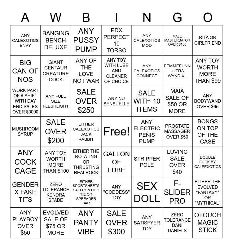 ADULT WORLD HARD BINGO Card