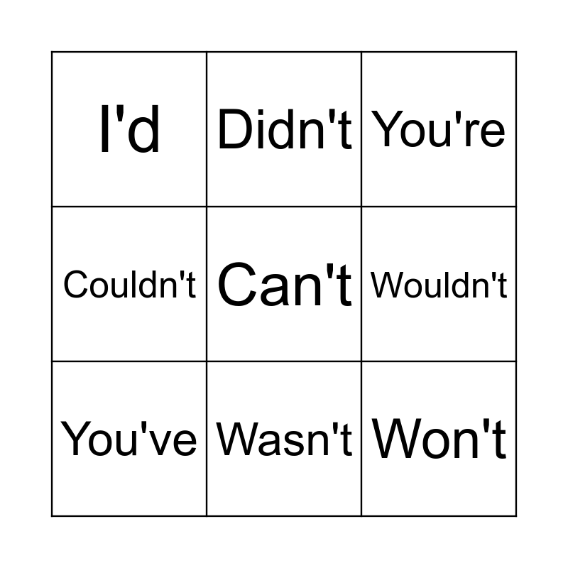 Contraction Bingo Card