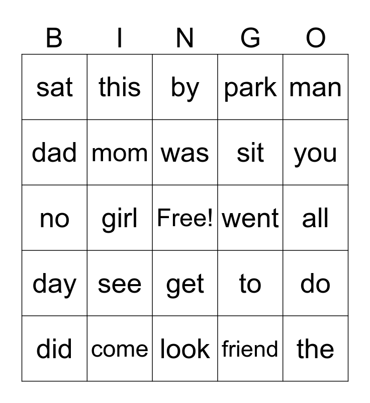 Snap Word Bingo Card