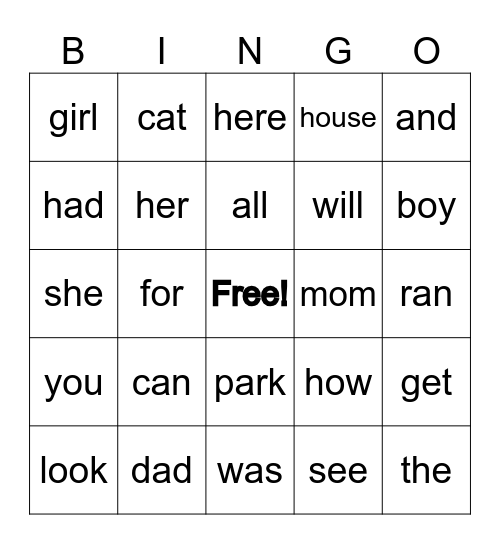 Snap Word Bingo Card
