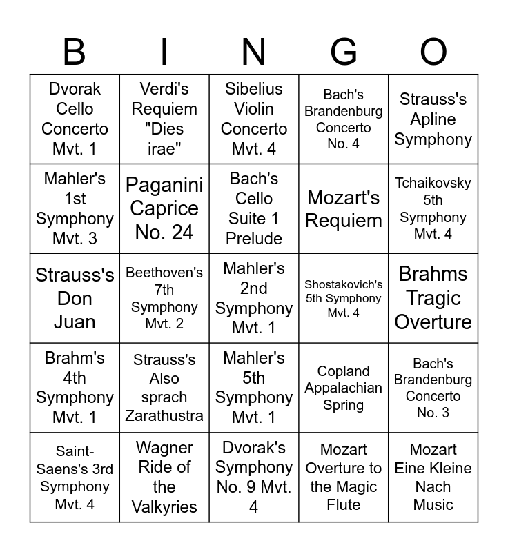 Orchestra Music Bingo Card