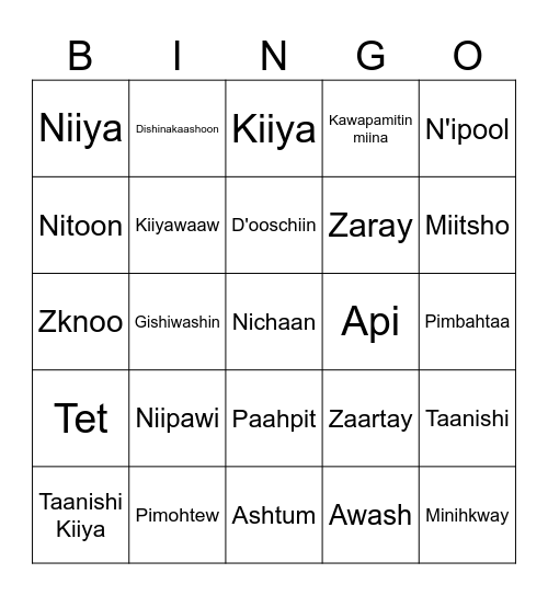 Michif bingo Card