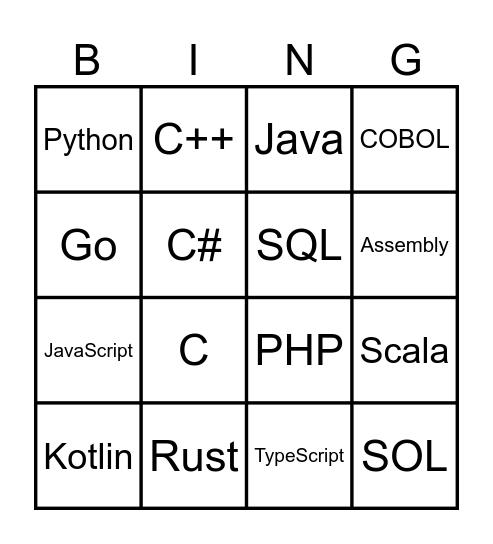 ProPa Programming Languages Bingo Card