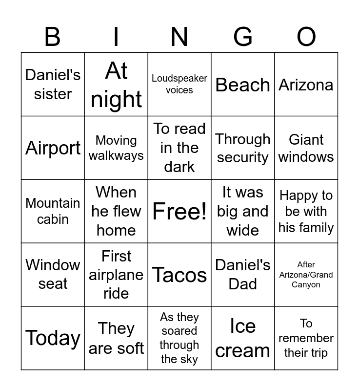 Daniel's Summer Flight Bingo Card