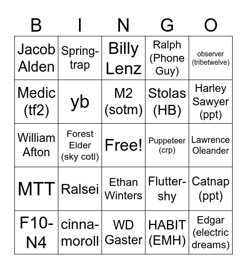 characters Bingo Card