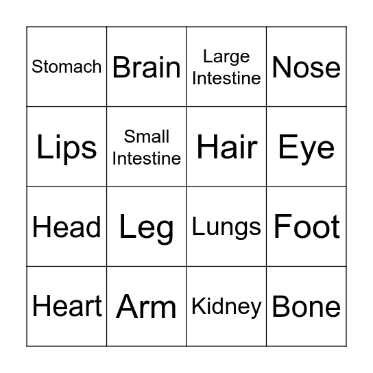 Human Body Bingo Card