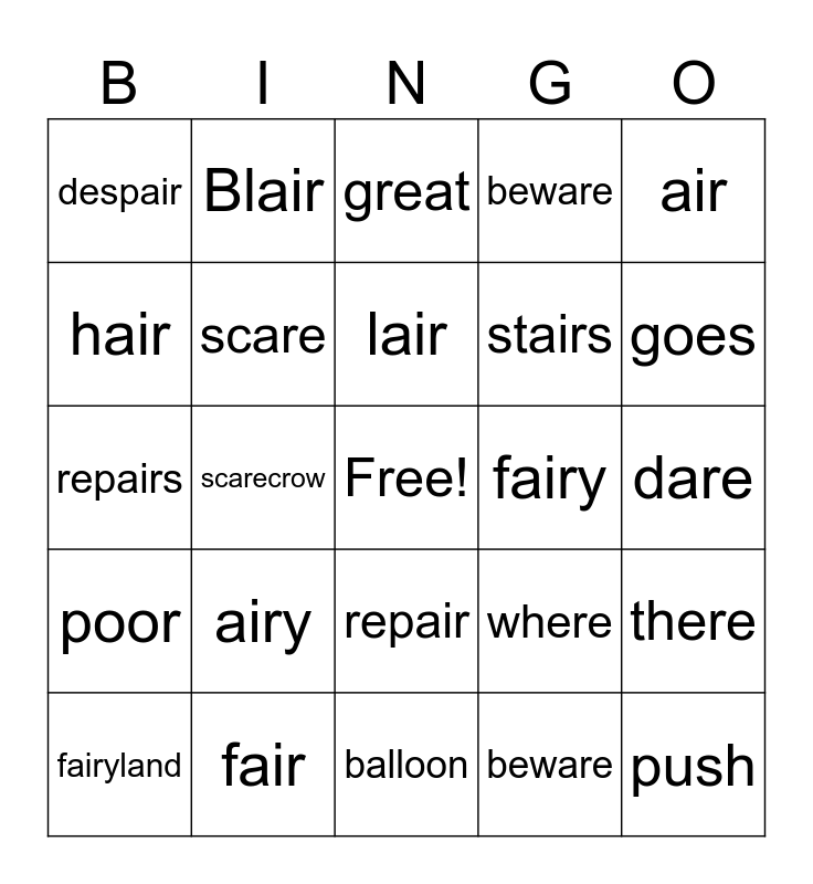Airy Fairy Fair Bingo Card