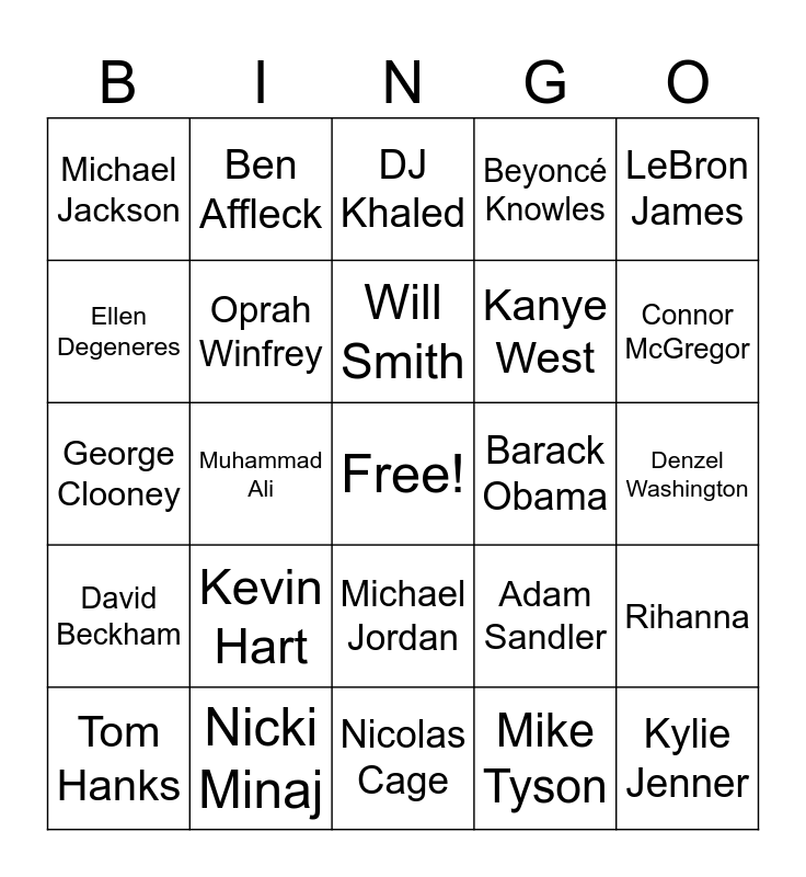 Celebrity Bingo Card