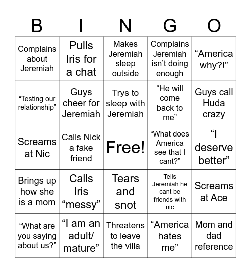 Hudas crash out Bingo Card