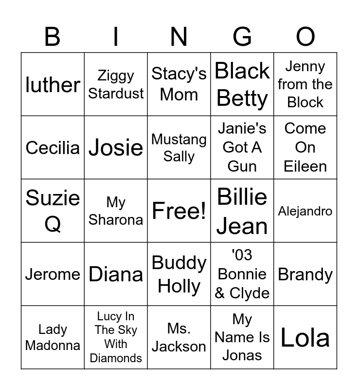 Name That Tune Bingo Card