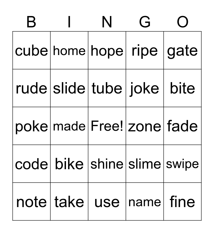 Magic E Bingo Card