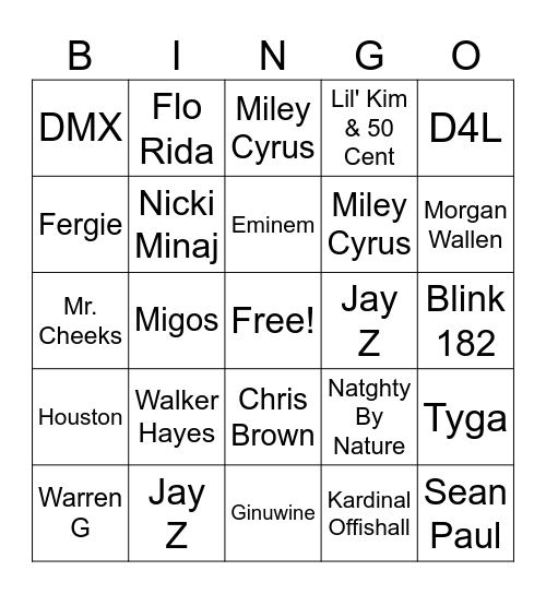 Rock & Roll Bingo Card