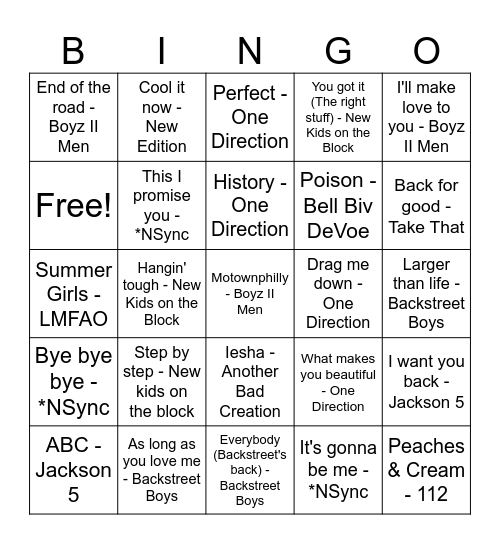 Boy Bands Bingo Card